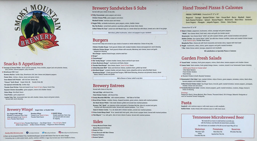 Smoky Mountain Brewery Menu - The Historic Gatlinburg Inn